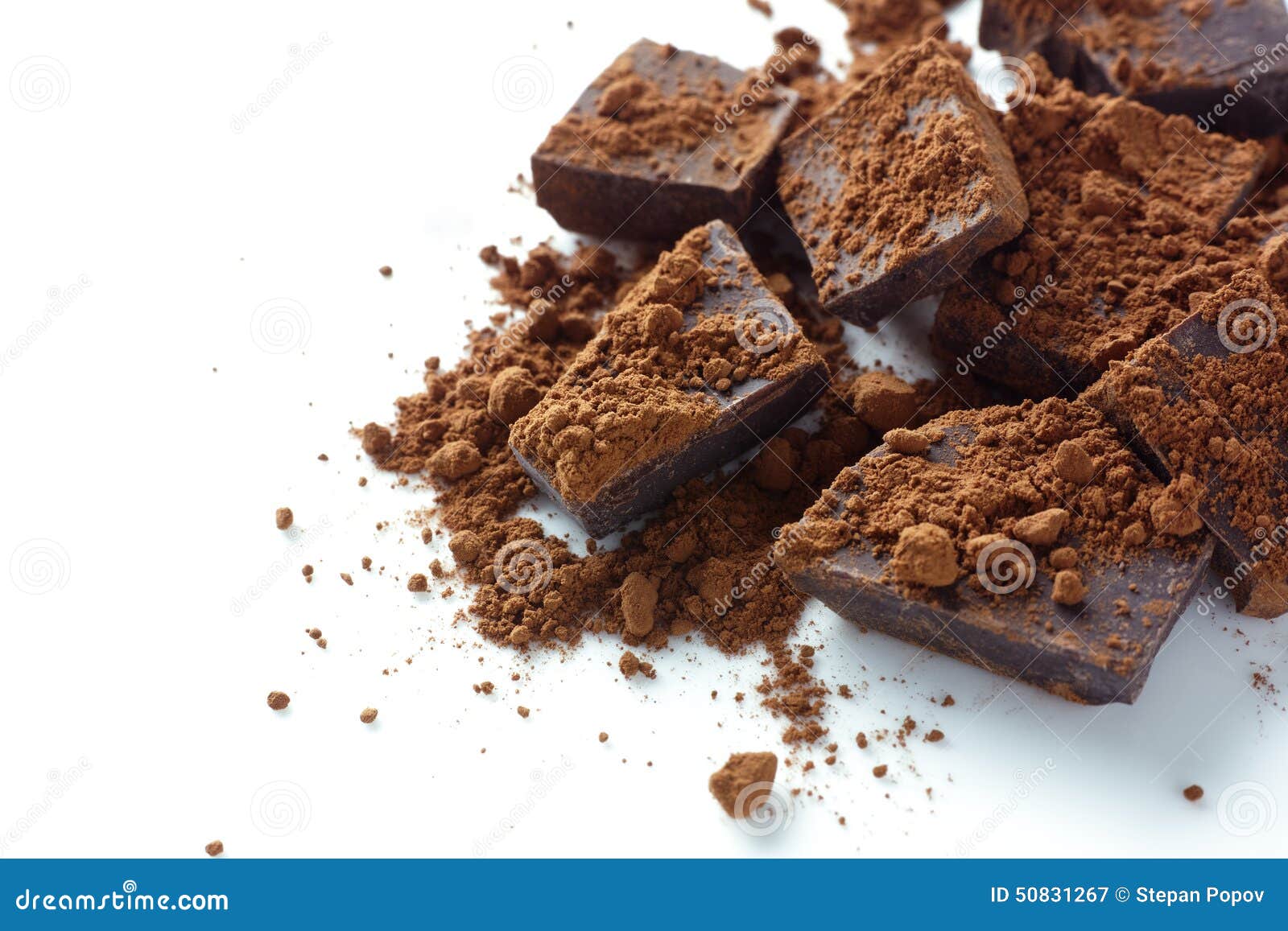 Broken Dark Chocolate with Cocoa Powder Stock Image - Image of grain ...