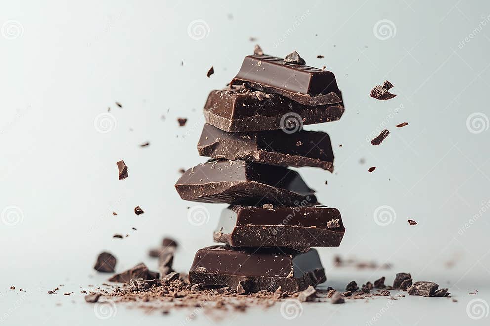 Broken Dark Chocolate Pieces Exploding and Creating a Stack on a White ...