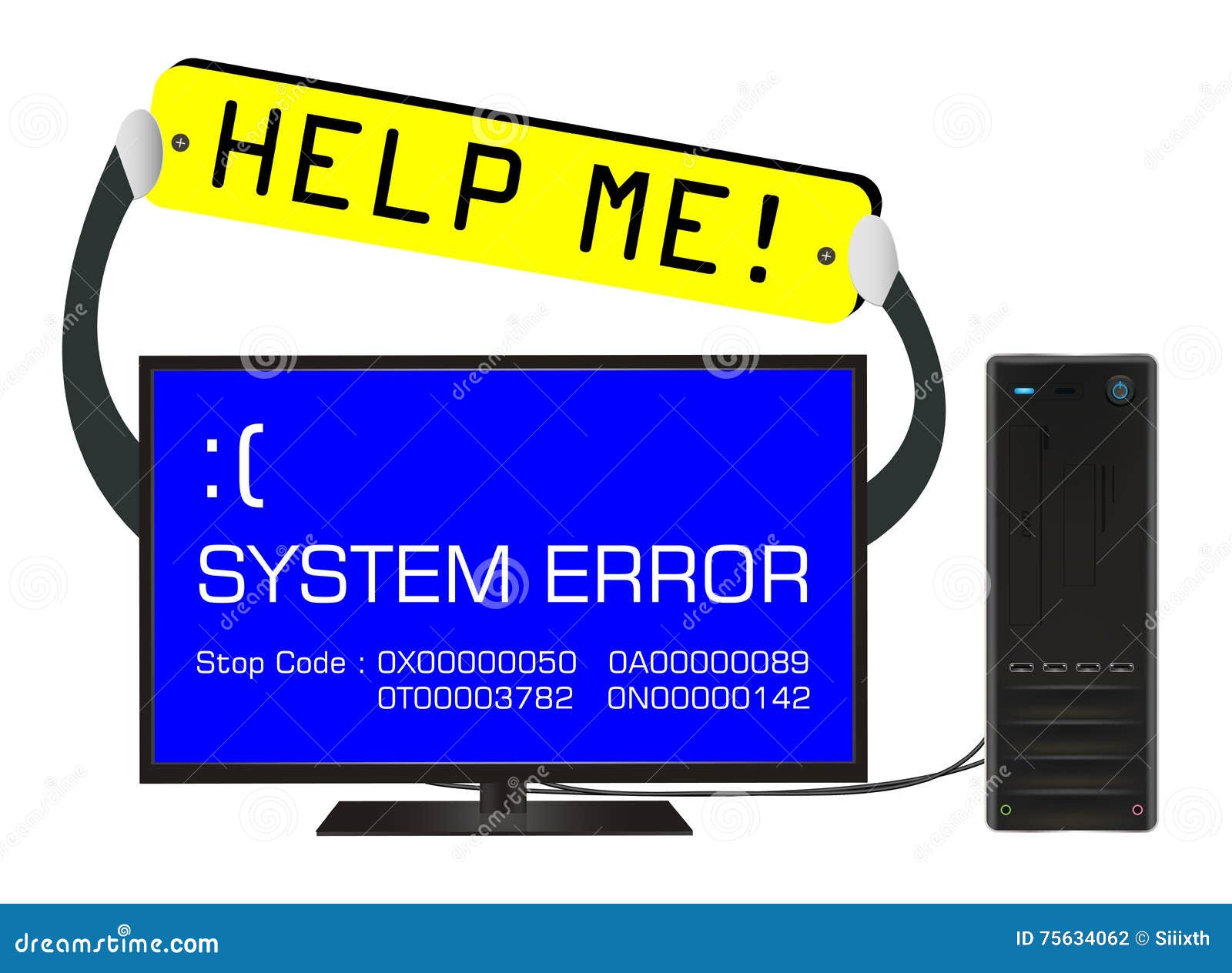Broken Desktop Computer Error Screen with Help Me Banner Stock Vector ...
