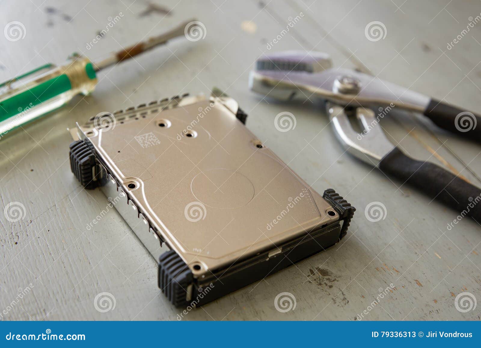 Broken and Destroyed Hard Drive Disk and Tools on Wooden Table Stock ...