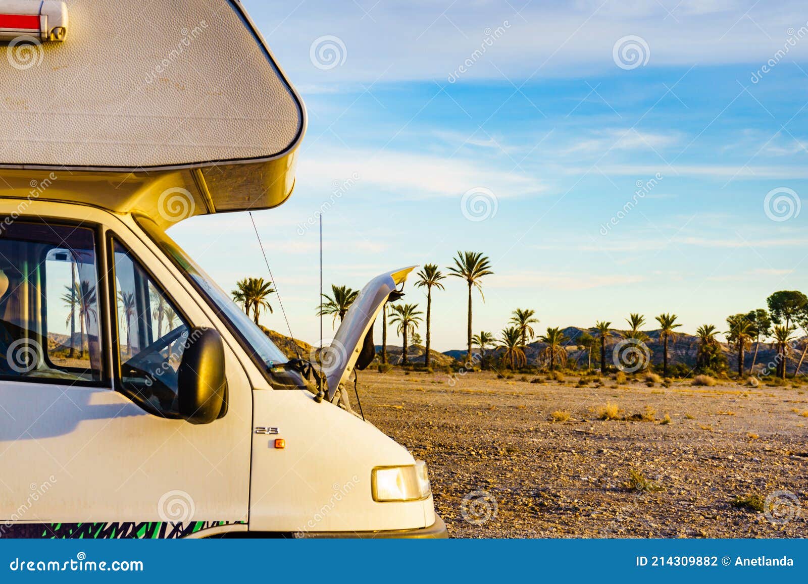 Broken down camper on road stock photo. Image of repair - 214309882