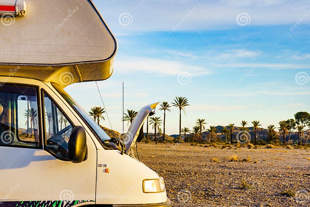 Broken down camper on road stock photo. Image of repair - 214309882