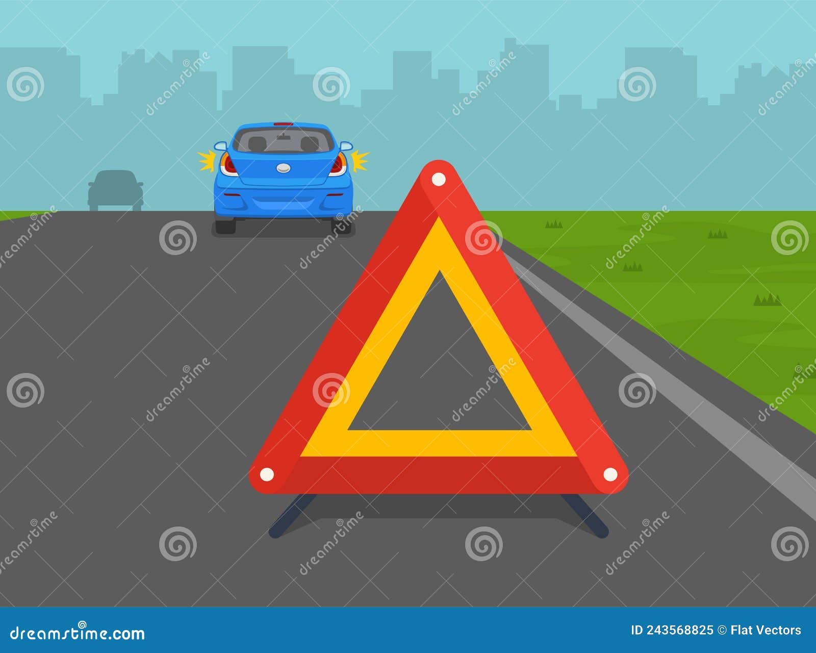 Broken Down Car on Highway with Warning Sign. Back View Stock Vector ...