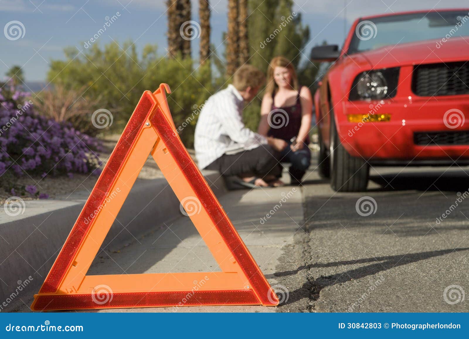 Broken Down Car with Red Warning Triangle Stock Image - Image of ...