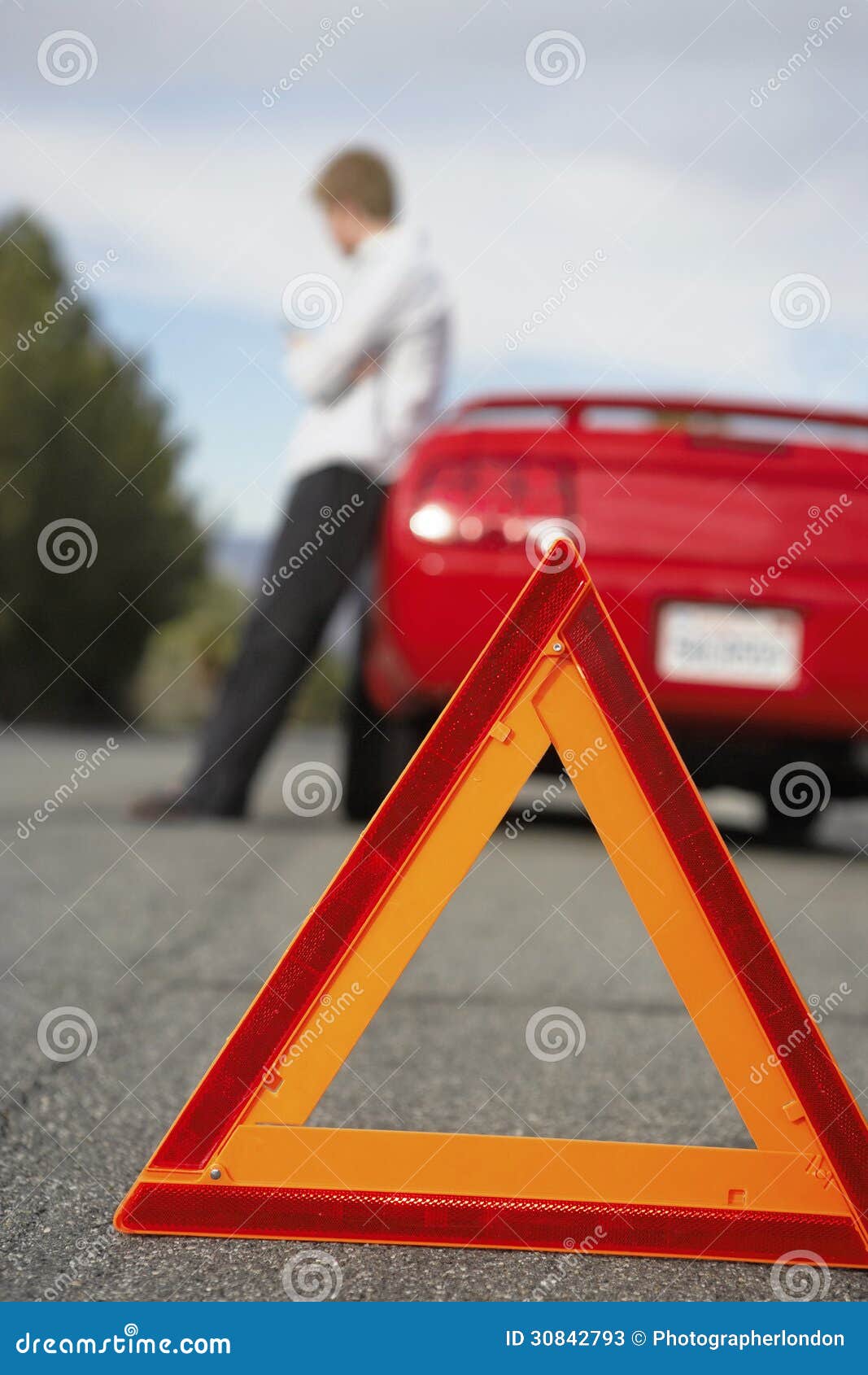 Broken Down Car with Red Warning Triangle Stock Image - Image of arms ...