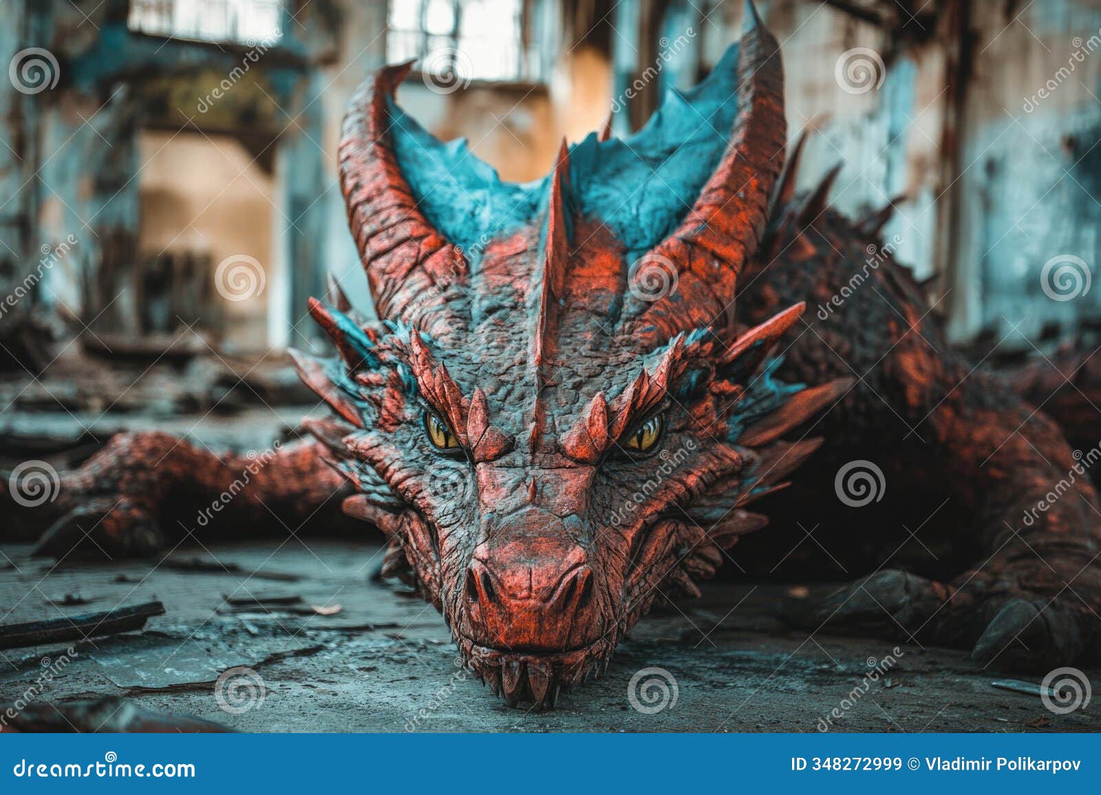 A Broken Dragon Statue with Red and Blue Colors Lying on the Ground ...