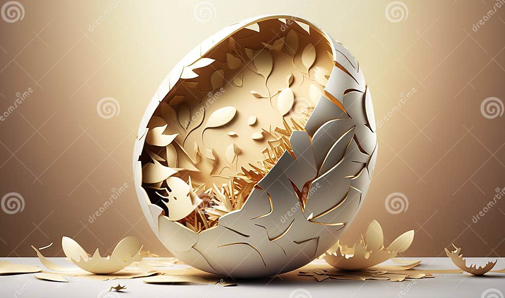 A Broken Egg Shell with Gold Leaves on the Ground and a Light Brown Background with a Shadow of ...