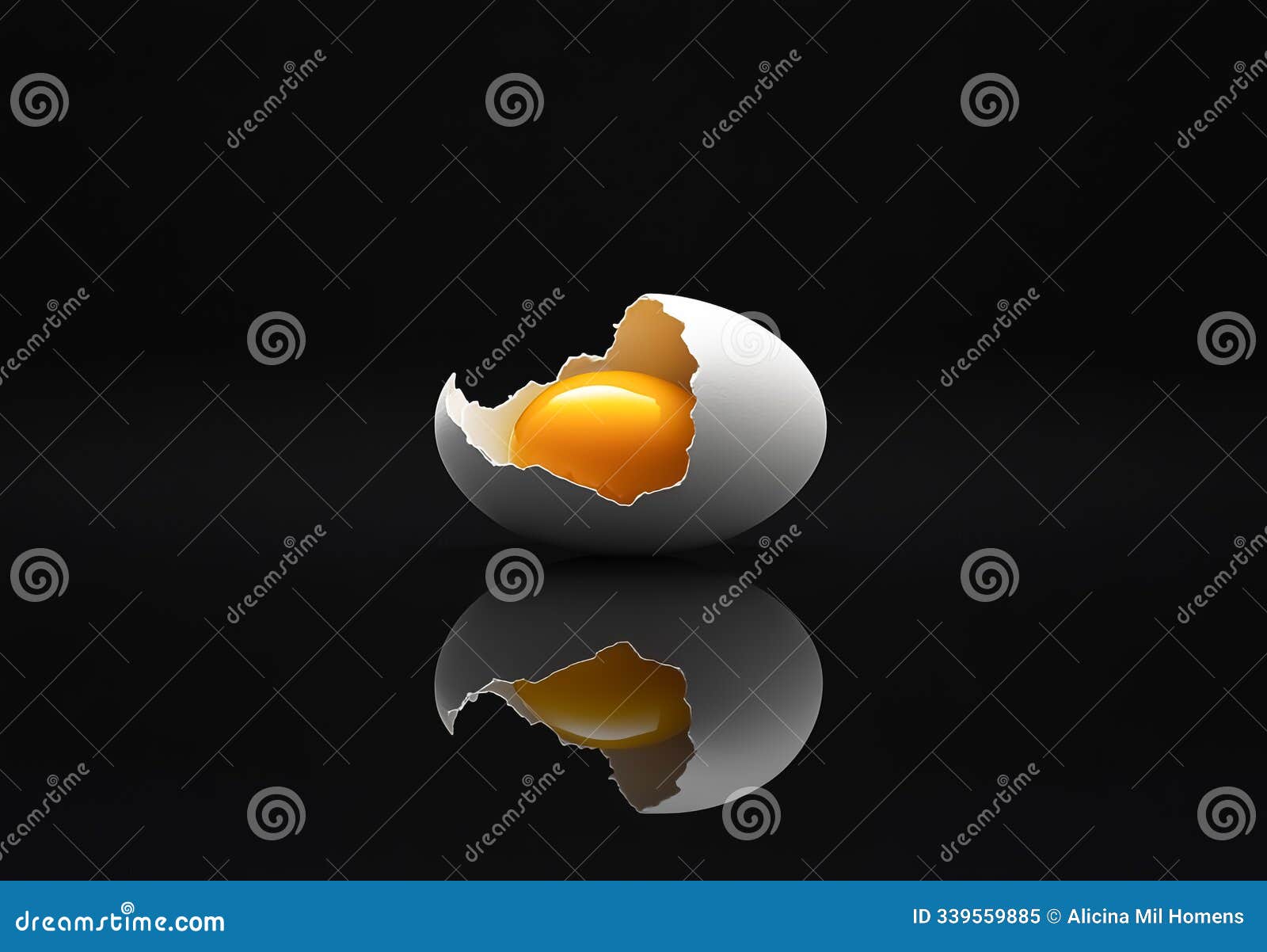 Broken Eggshell with Raw Egg on a Black Minimalist Surface Reflective ...