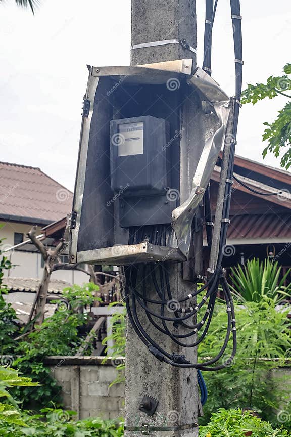 Broken Electric Meter Box on Pole . Denger Stock Photo - Image of ...
