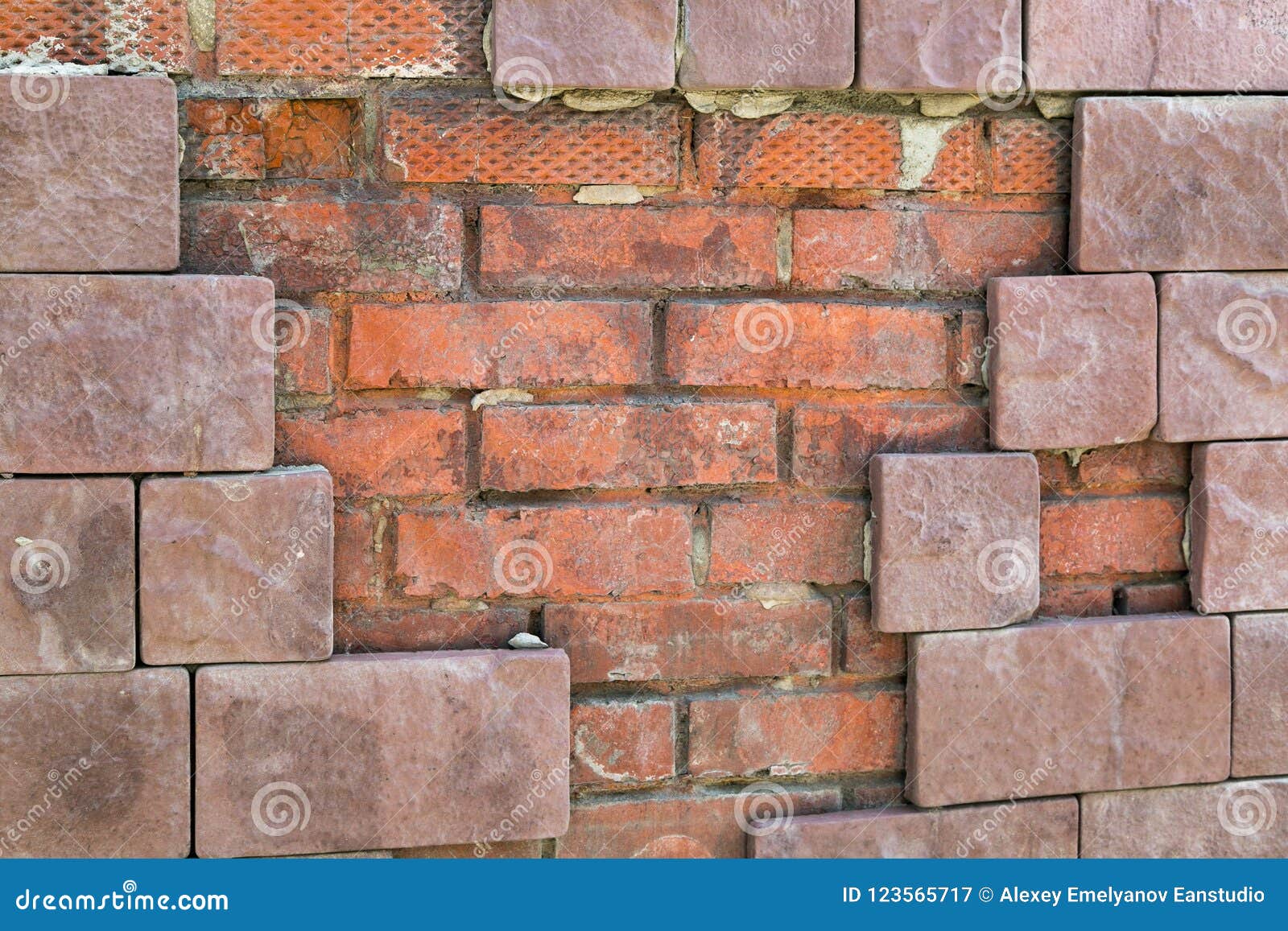 Broken Facade of the Building, Marriage in the Work of Builders. Stock ...