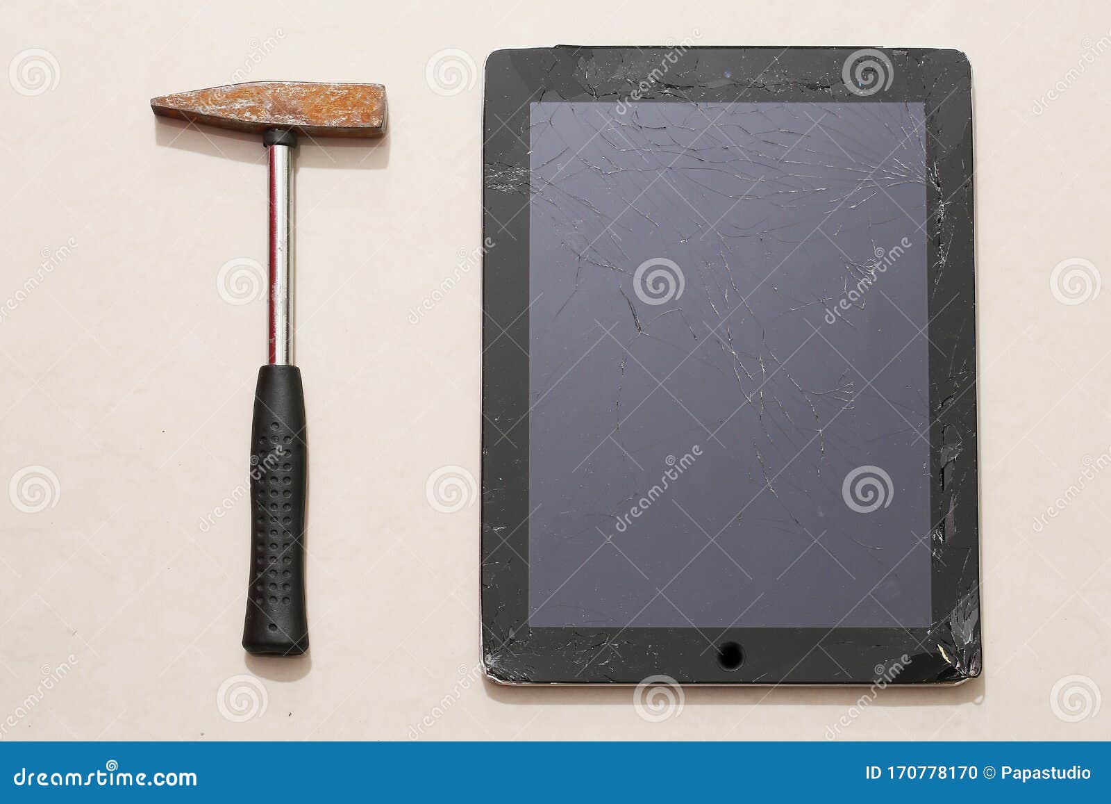 Broken Flat Glass of Tablet and Rusty Hammer Stock Photo - Image of ...