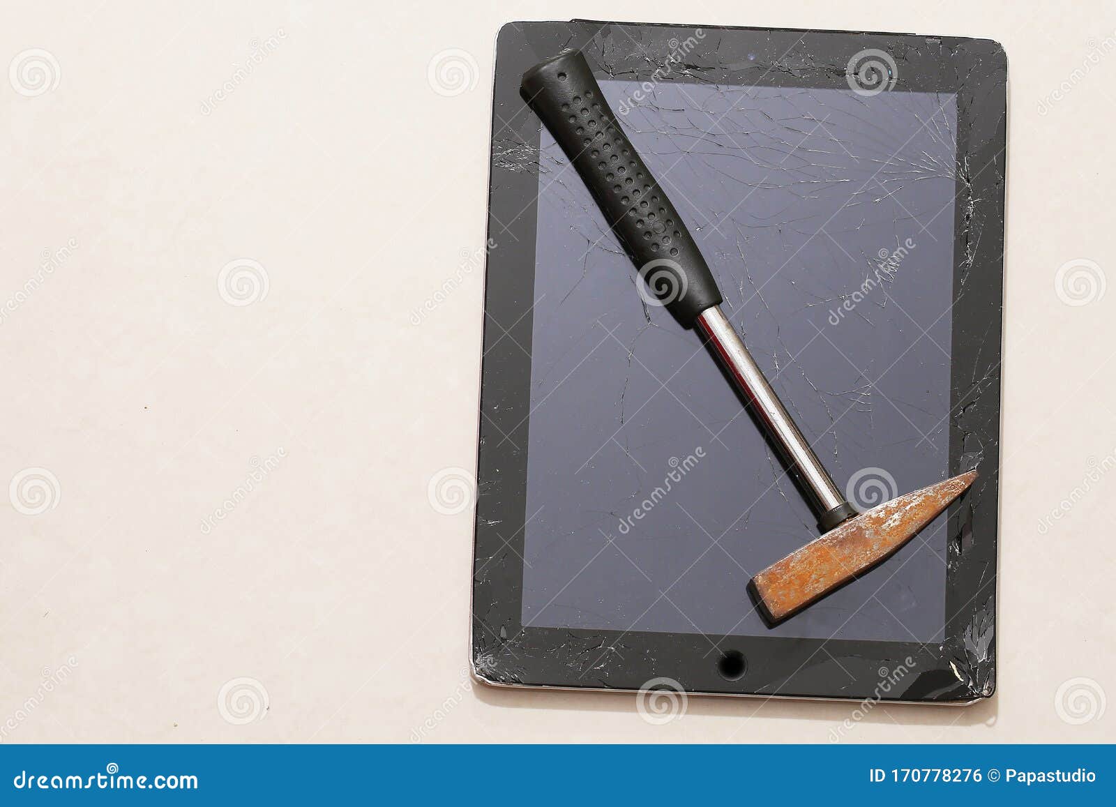 Broken Flat Glass of Tablet and Rusty Hammer Stock Photo - Image of ...