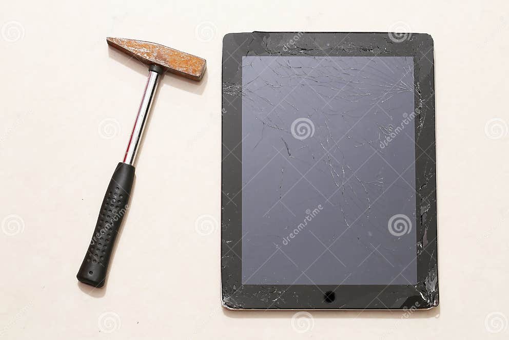 Broken Flat Glass of Tablet and Rusty Hammer Stock Photo - Image of ...