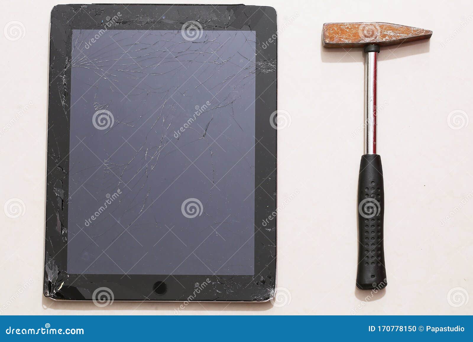 Broken Flat Glass Of Tablet And Rusty Hammer Royalty-Free Stock Photo ...