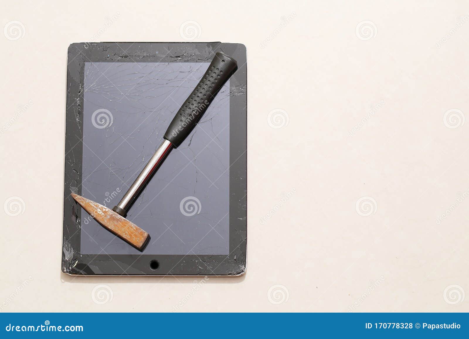 Broken Flat Glass of Tablet and Rusty Hammer Stock Photo - Image of ...
