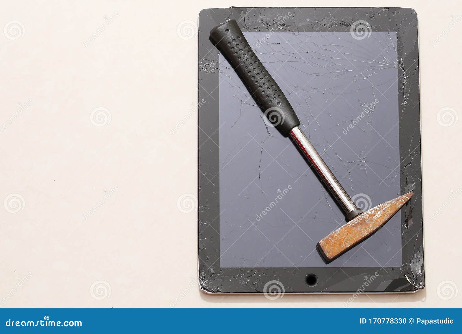 Broken Flat Glass of Tablet and Rusty Hammer Stock Photo - Image of ...
