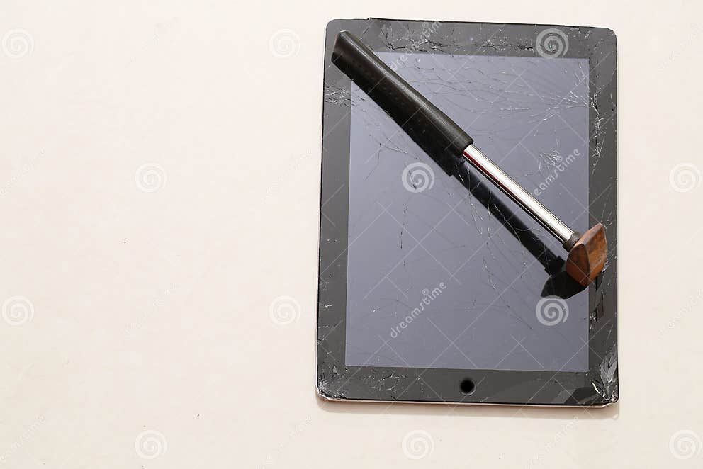 Broken Flat Glass of Tablet and Rusty Hammer Stock Image - Image of ...