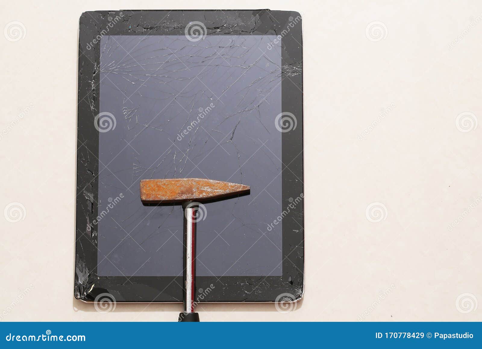 Broken Flat Glass of Tablet and Rusty Hammer Stock Image - Image of ...