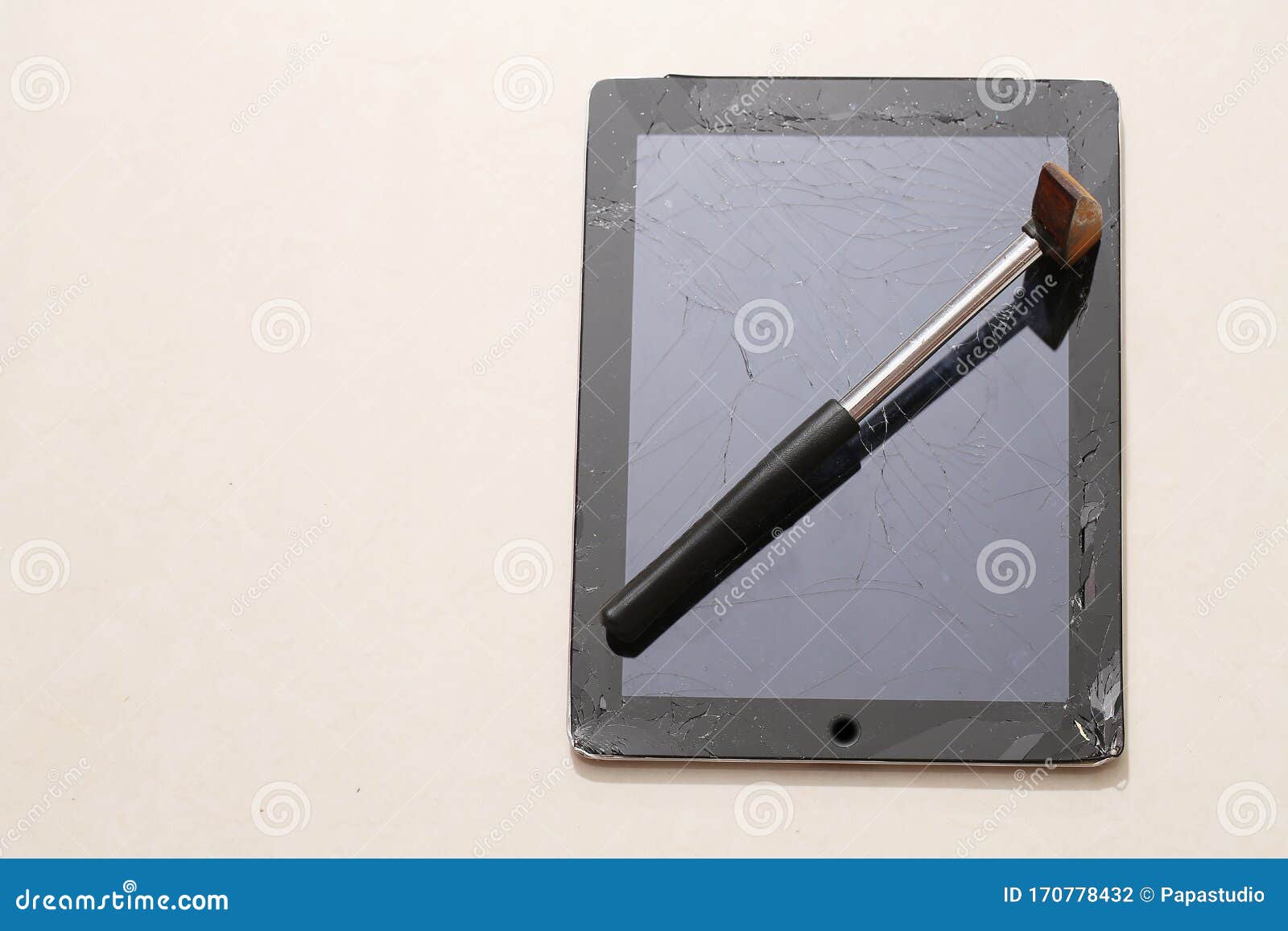 Broken Flat Glass of Tablet and Rusty Hammer Stock Photo - Image of ...