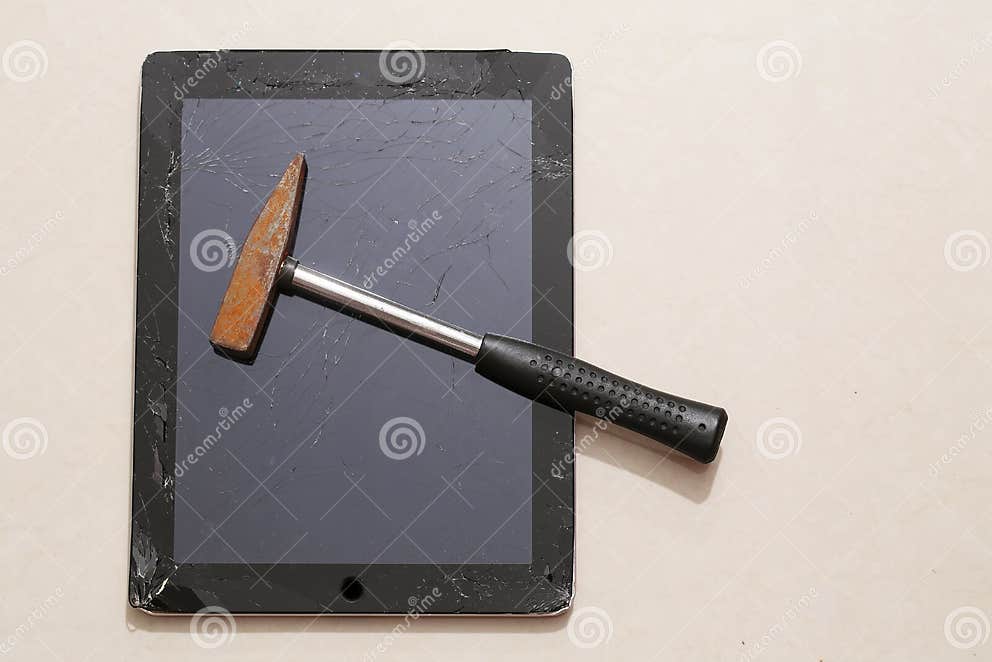 Broken Flat Glass of Tablet and Rusty Hammer Stock Photo - Image of ...