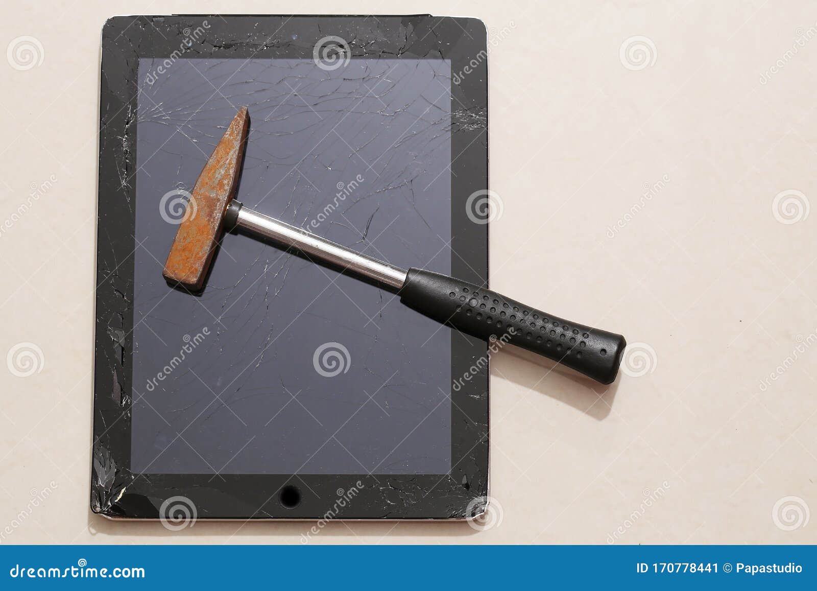 Broken Flat Glass of Tablet and Rusty Hammer Stock Image - Image of ...
