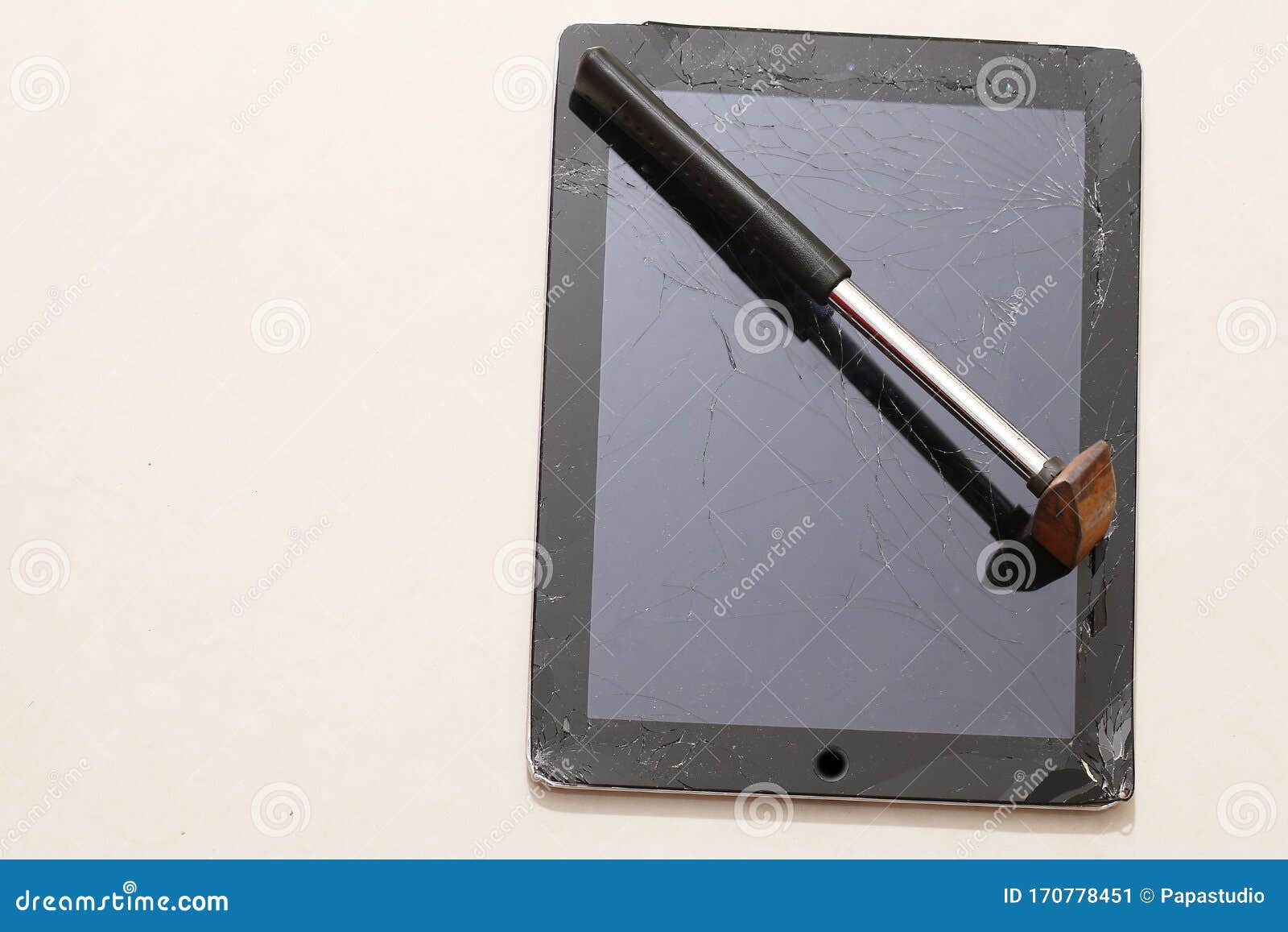 Broken Flat Glass of Tablet and Rusty Hammer Stock Image - Image of ...
