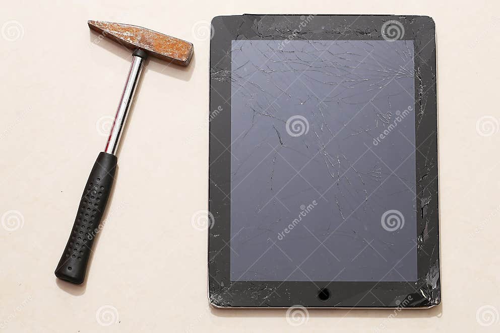 Broken Flat Glass of Tablet and Rusty Hammer Stock Image - Image of ...
