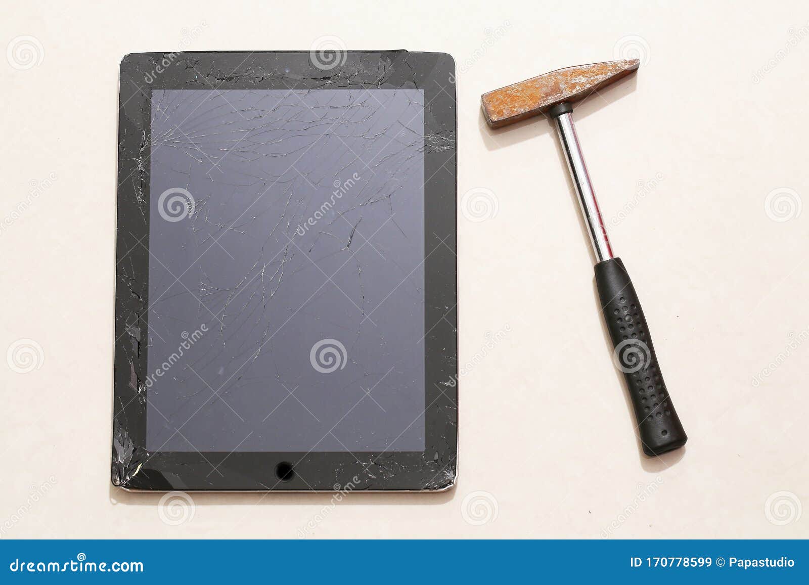 Broken Flat Glass of Tablet and Rusty Hammer Stock Image - Image of ...