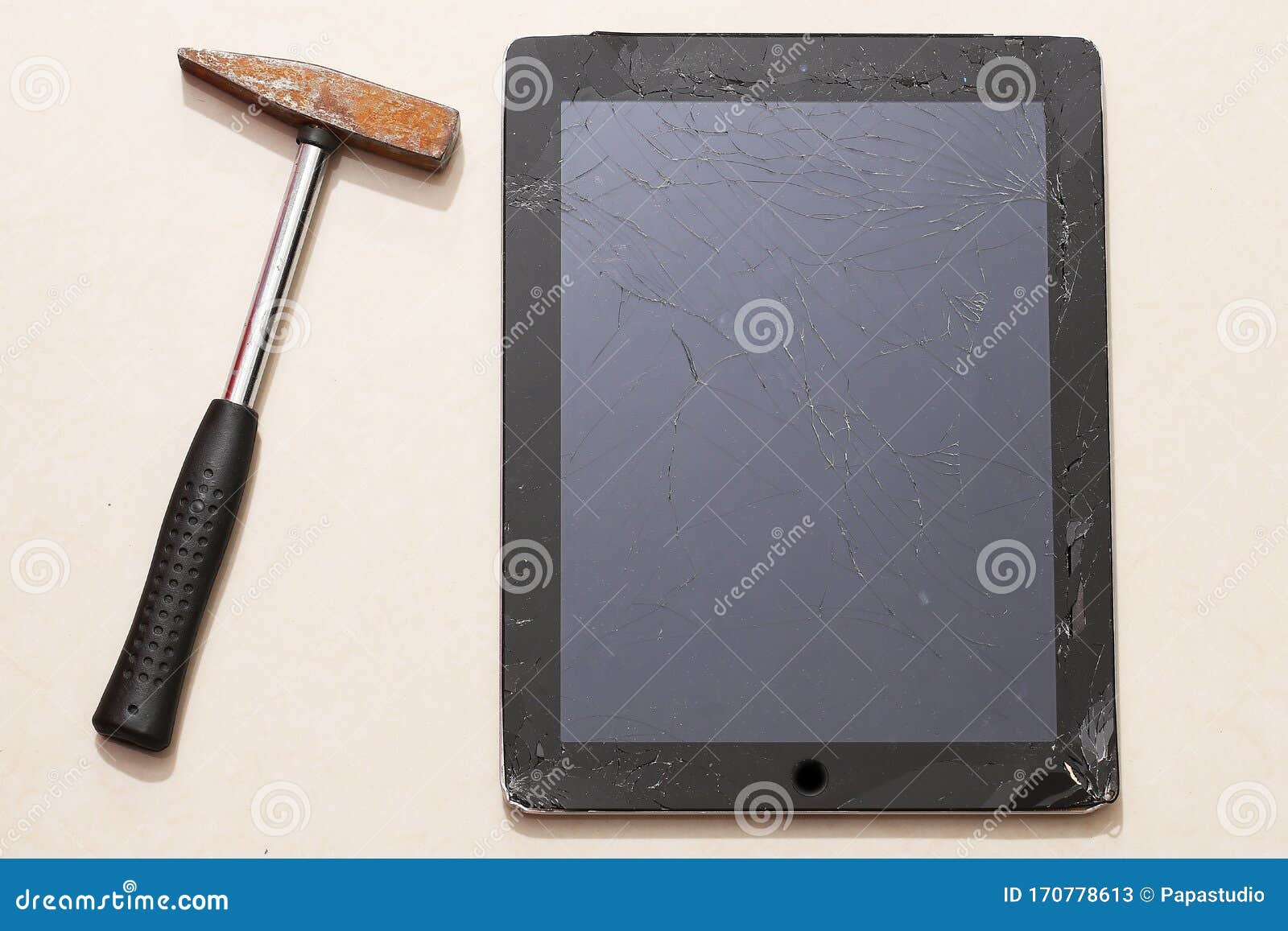 Broken Flat Glass of Tablet and Rusty Hammer Stock Image - Image of ...