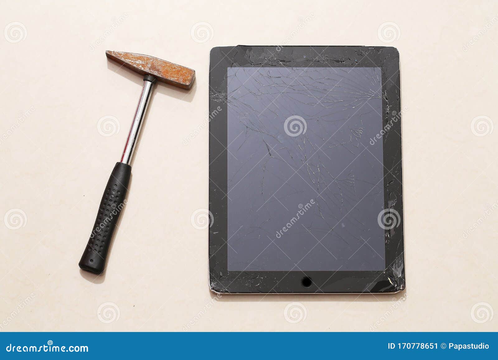 Broken Flat Glass Of Tablet And Rusty Hammer Royalty-Free Stock Photo ...