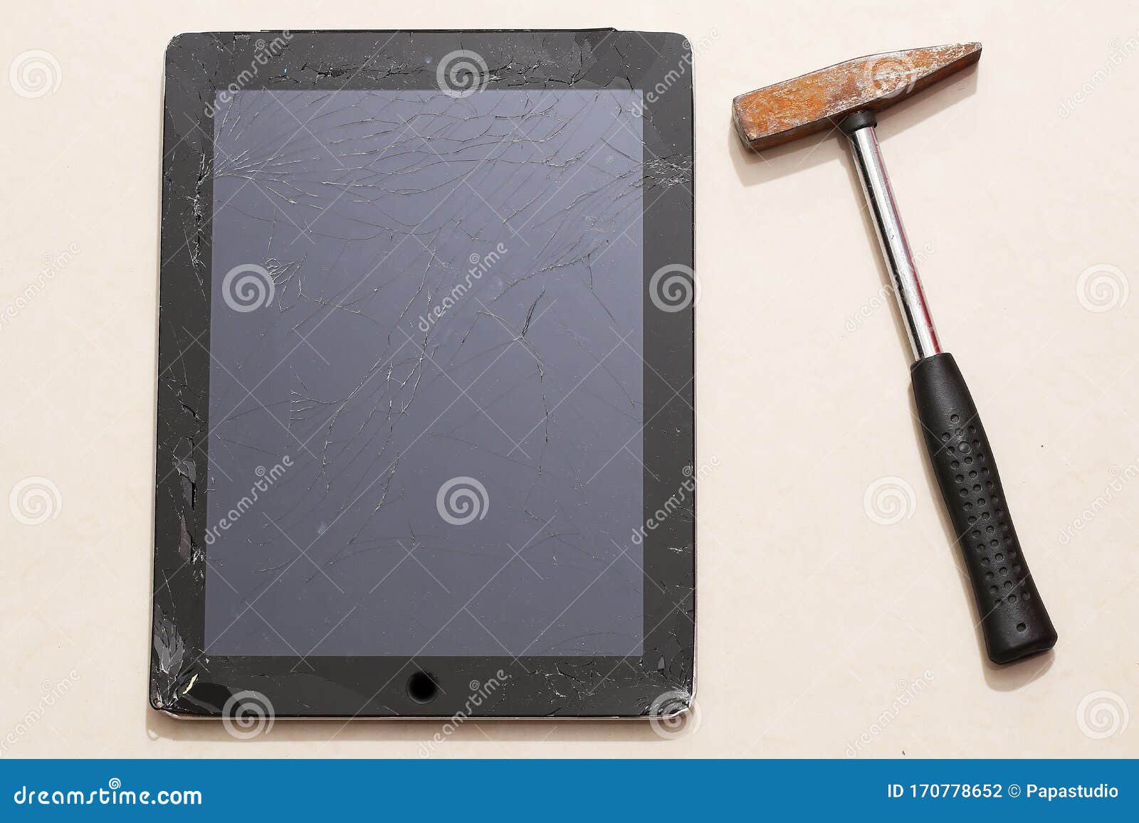 Broken Flat Glass of Tablet and Rusty Hammer Stock Photo - Image of ...