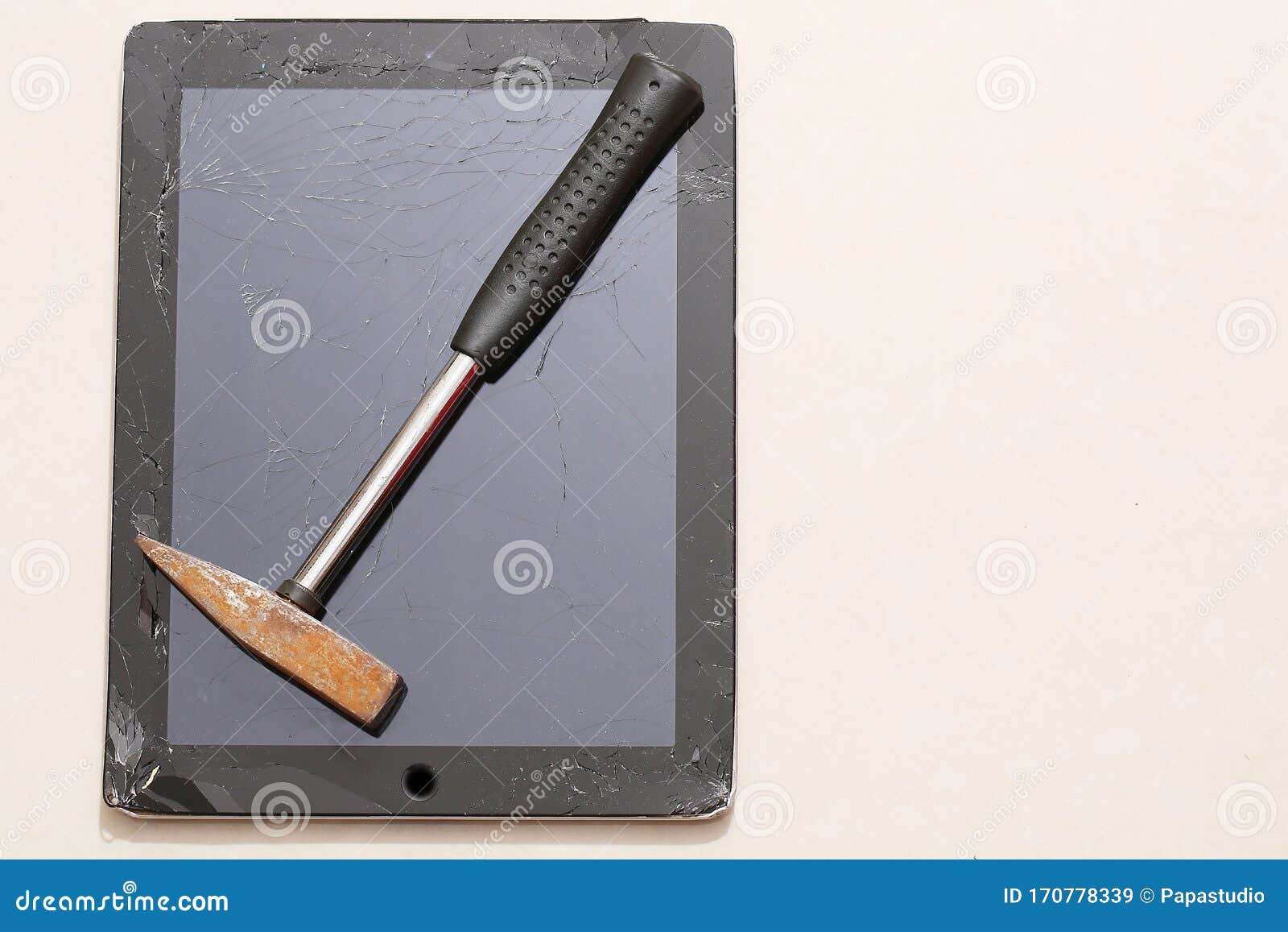 Broken Flat Glass of Tablet and Rusty Hammer Stock Image - Image of ...