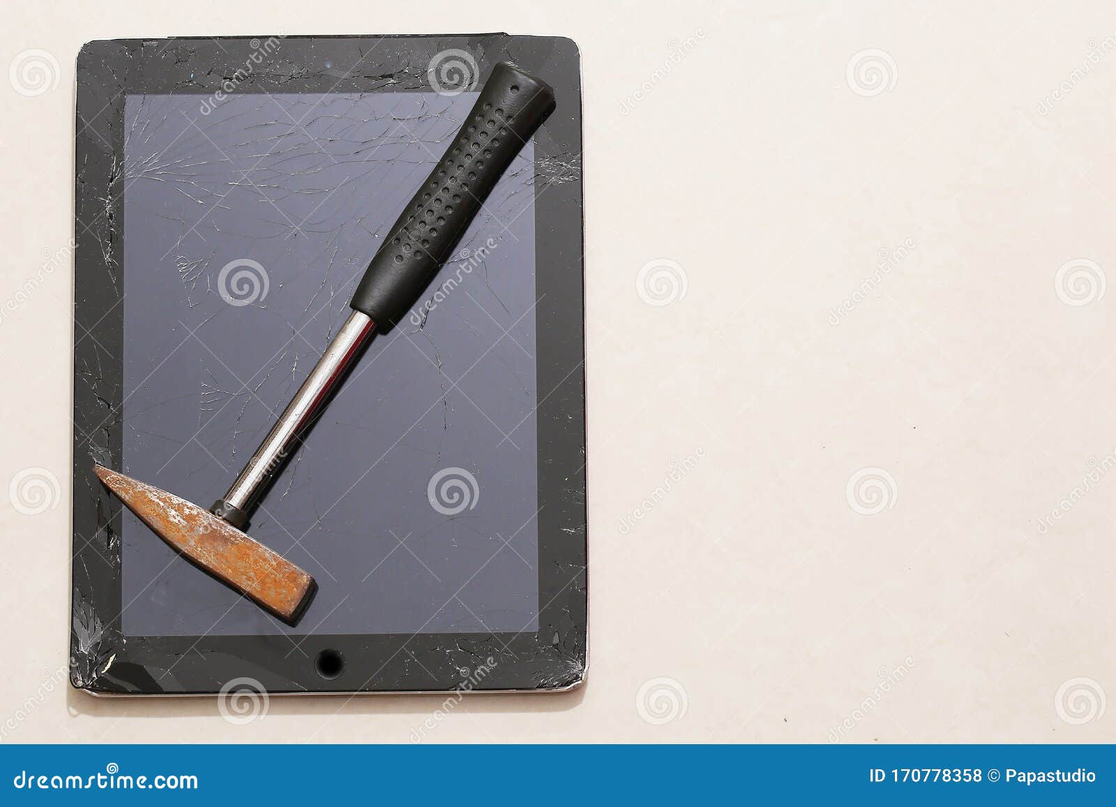 Broken Flat Glass of Tablet and Rusty Hammer Stock Photo - Image of ...