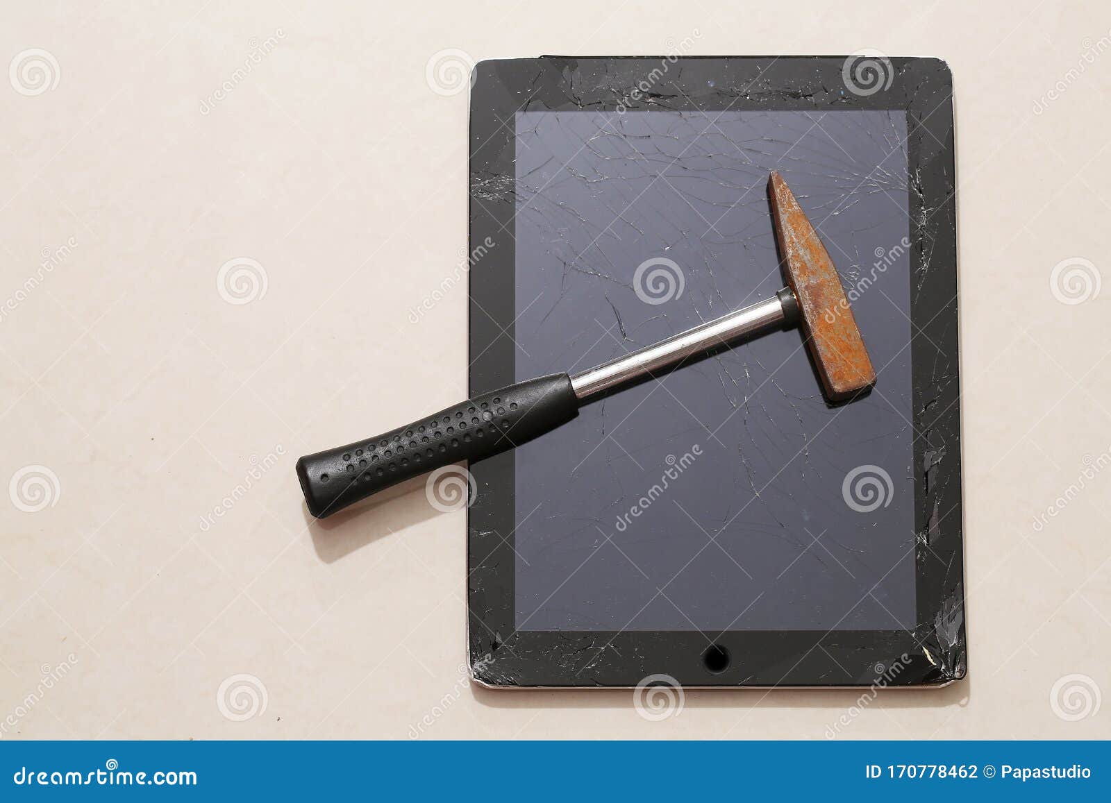 Broken Flat Glass of Tablet and Rusty Hammer Stock Photo - Image of ...