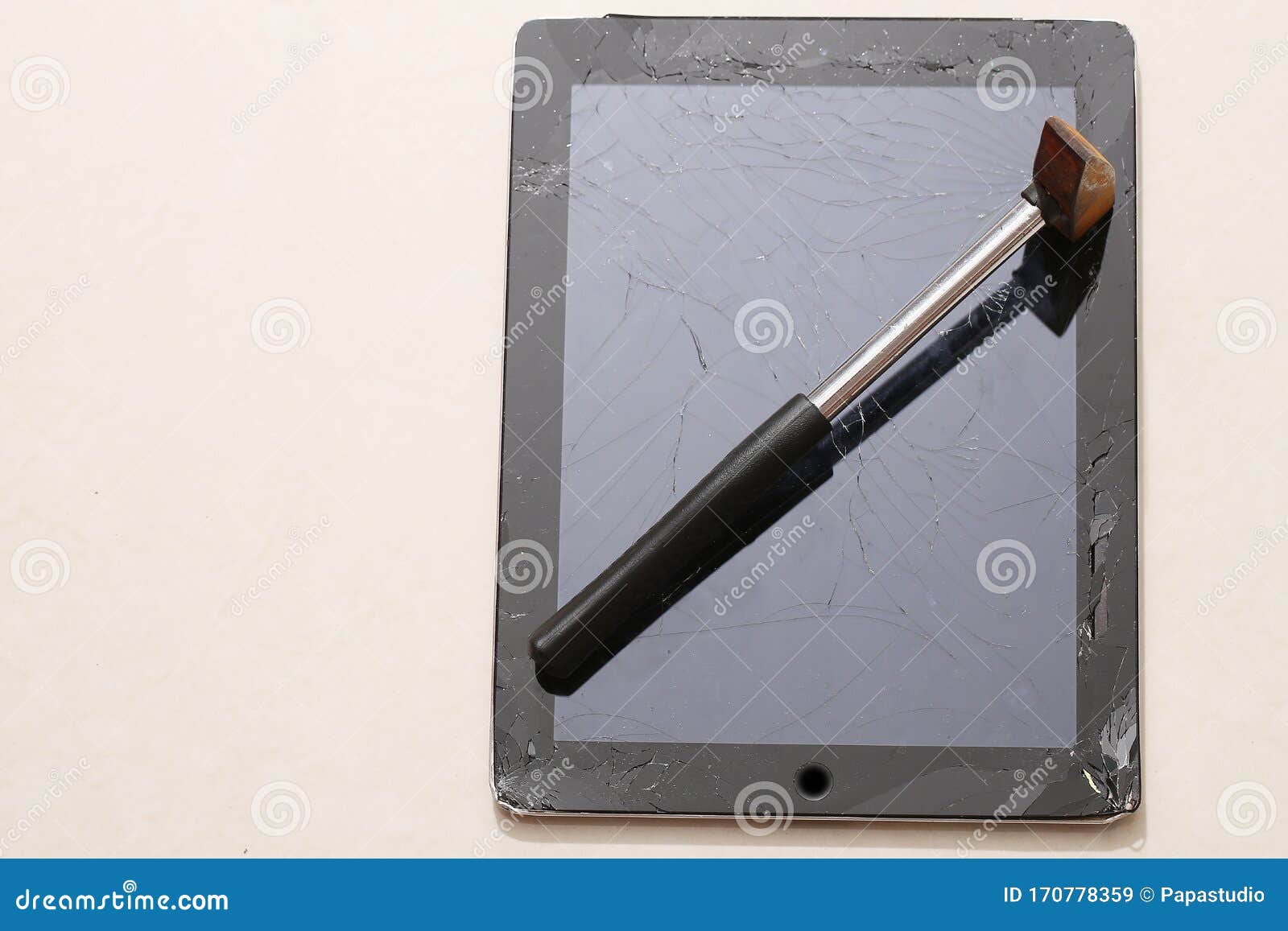 Broken Flat Glass of Tablet and Rusty Hammer Stock Image - Image of ...