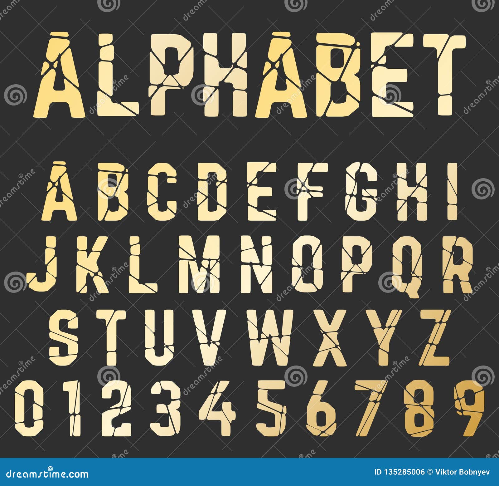 Broken Font Alphabet. Set of Letters and Numbers Cracked Design Stock ...