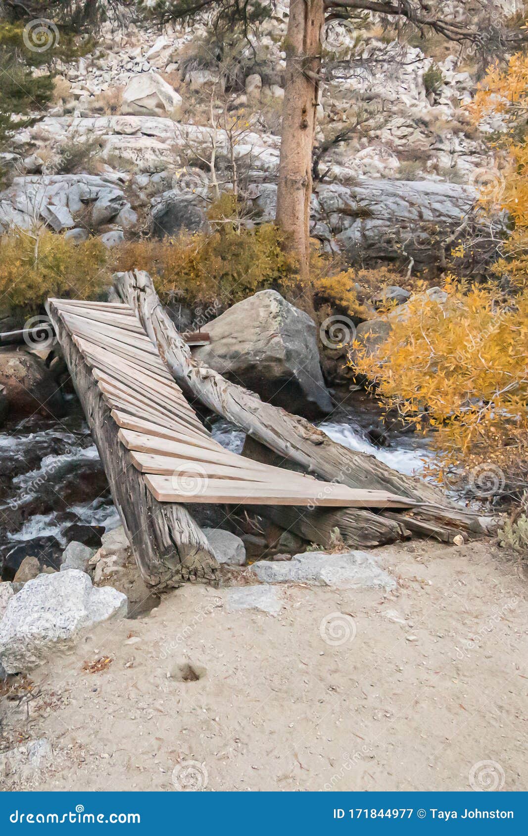 Broken Foot Bridge Over Rushing Stream and Rocks Stock Image - Image of ...