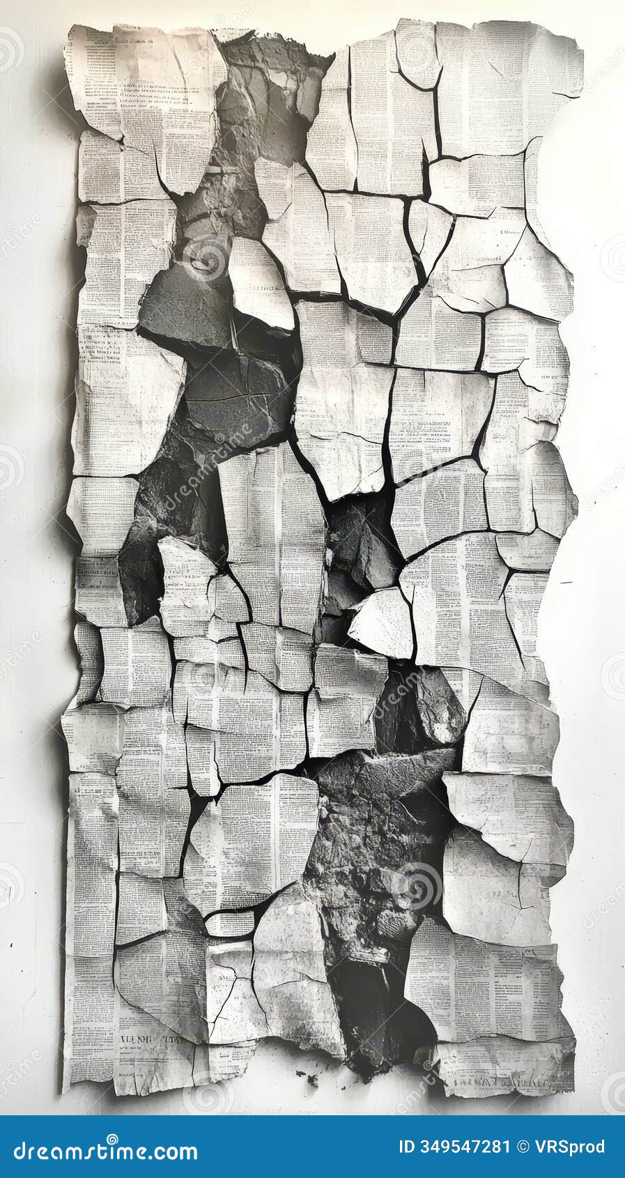 Broken and Fragmented Wall with Text Overlay in Grayscale Stock Image ...