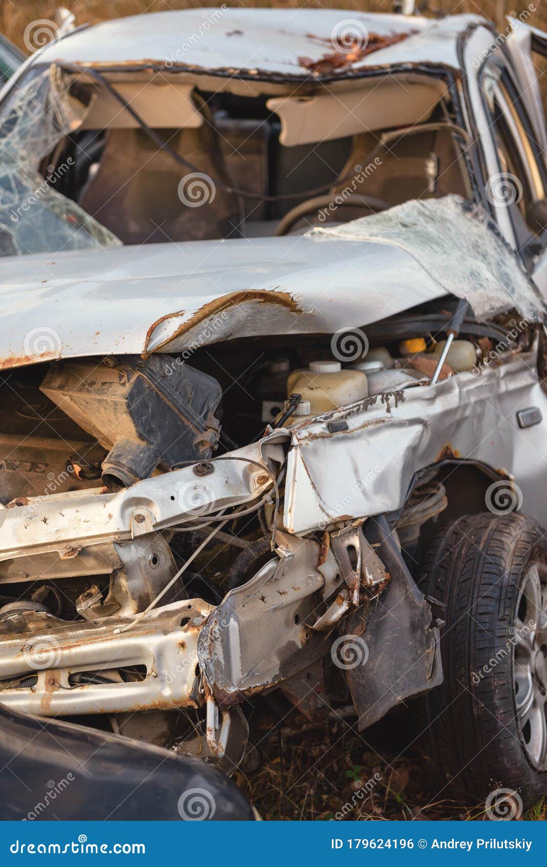 Broken Frontal Collision Field Car. Stock Photo - Image of damage ...