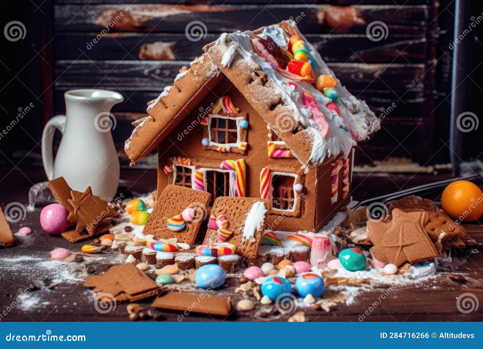 Broken Gingerbread House with Crumbs and Candies Stock Illustration ...
