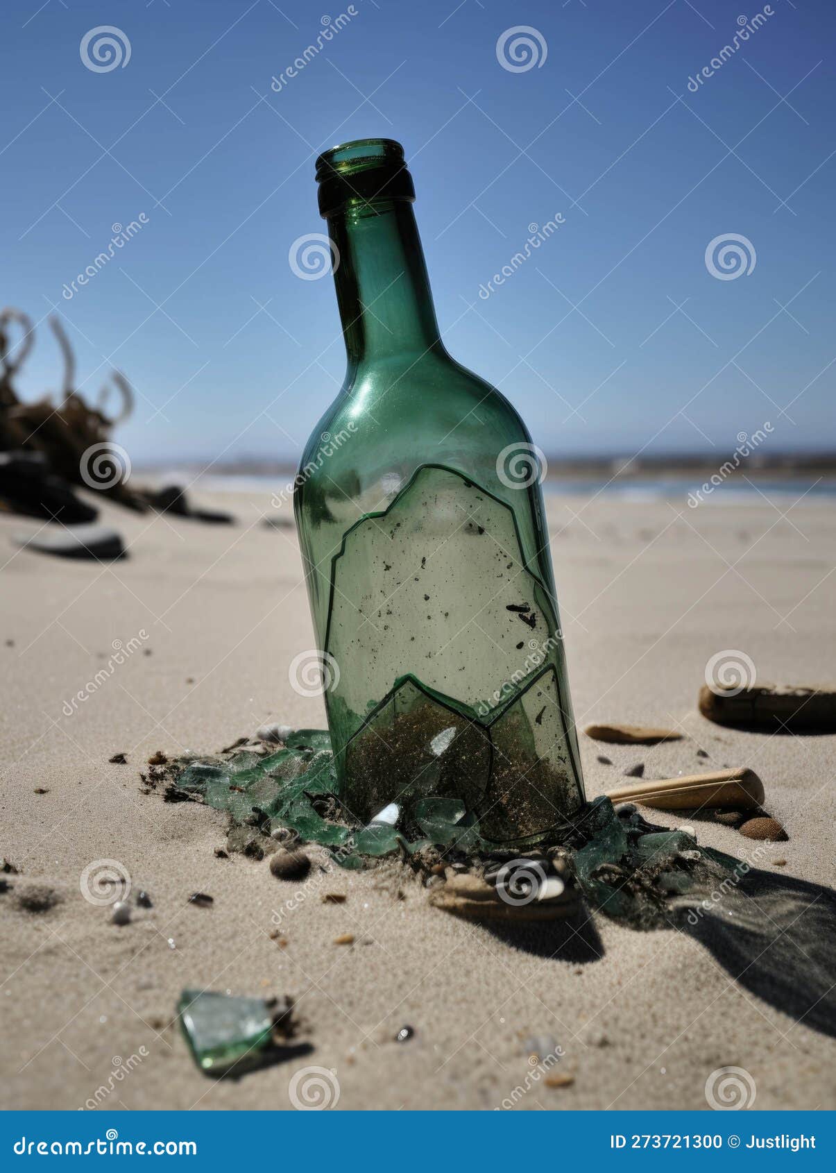 A Broken Glass Bottle Its Shards Tered in the Sand. Stock Illustration ...