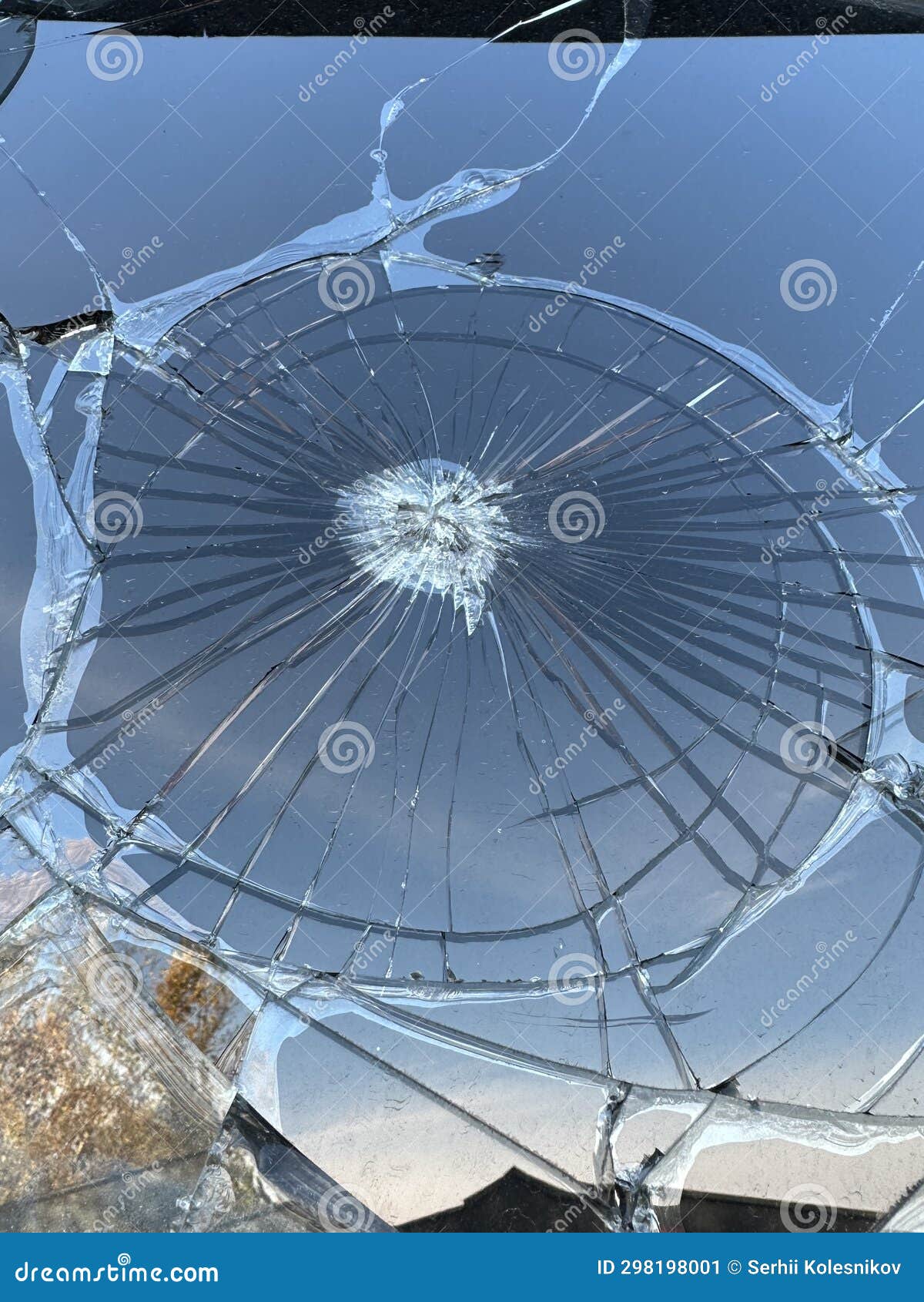 Broken Glass Close-up. Window with Cracked Glass. Bullet Hole in Double ...