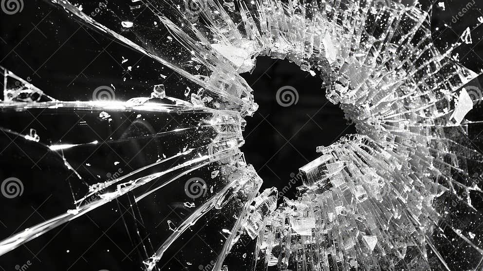 Broken Glass with Sharp Edges Showing a Large Circular Hole, Reflecting ...