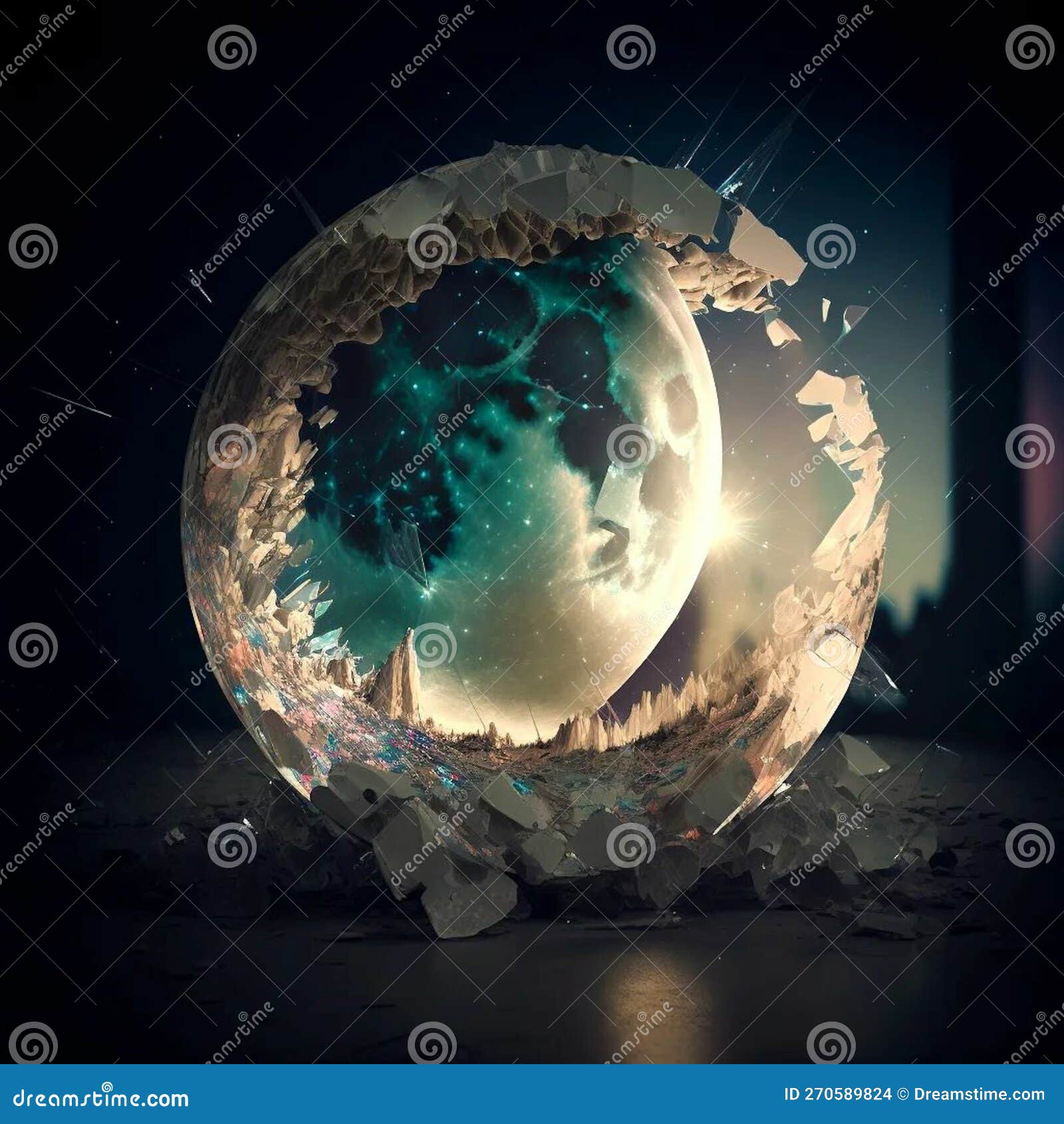 A Broken Glass Is Shown With A Broken Moon In The Background. Stock ...