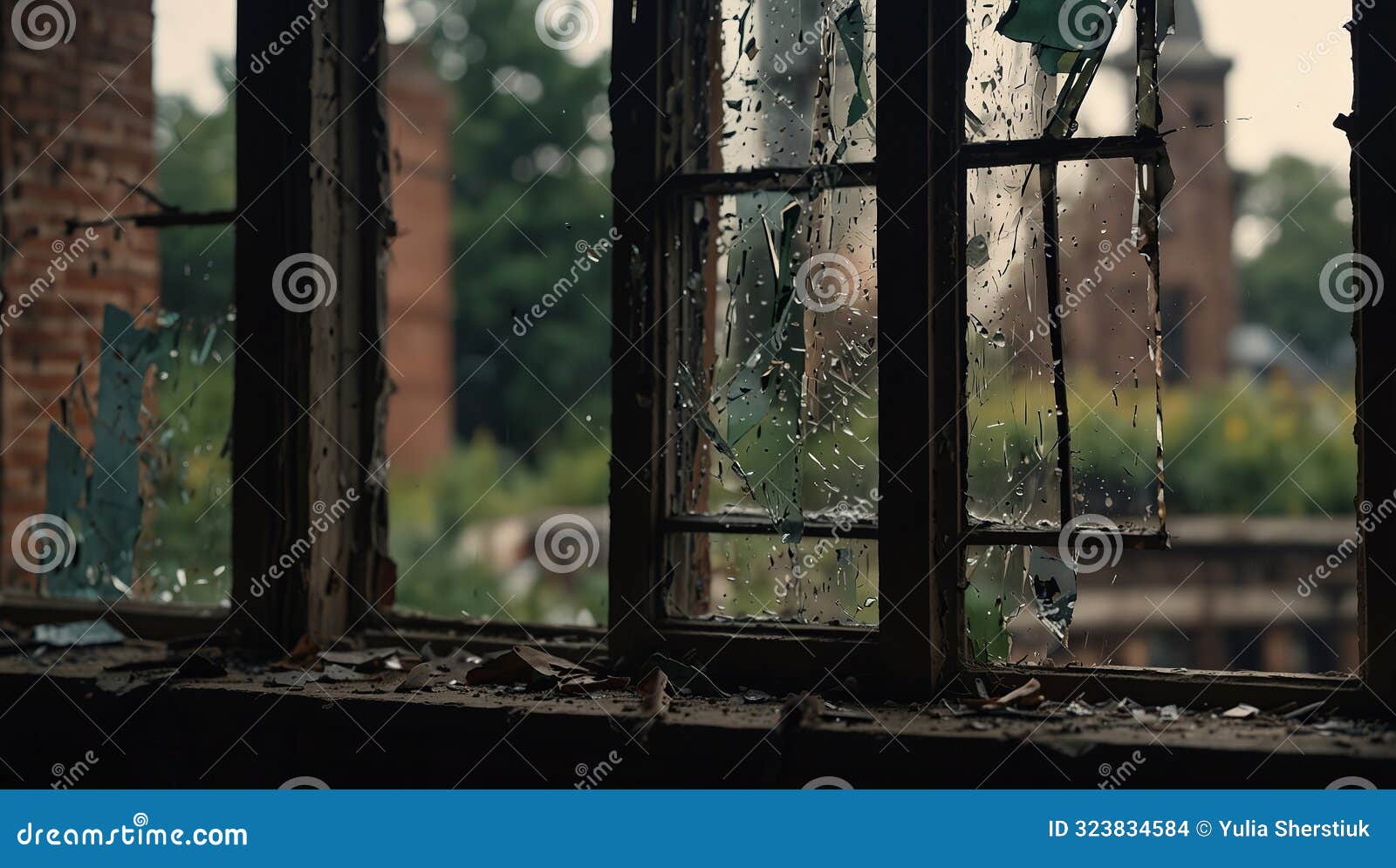 Broken Glass in a Window Frame of an Old Abandoned Building. Stock ...