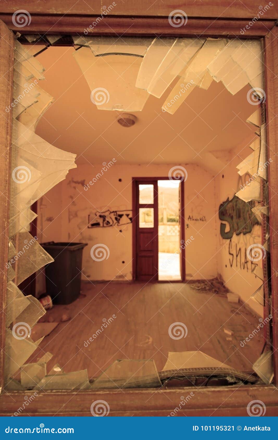 Broken Glass Window and Inside View - Stock Image - Image of bullet ...