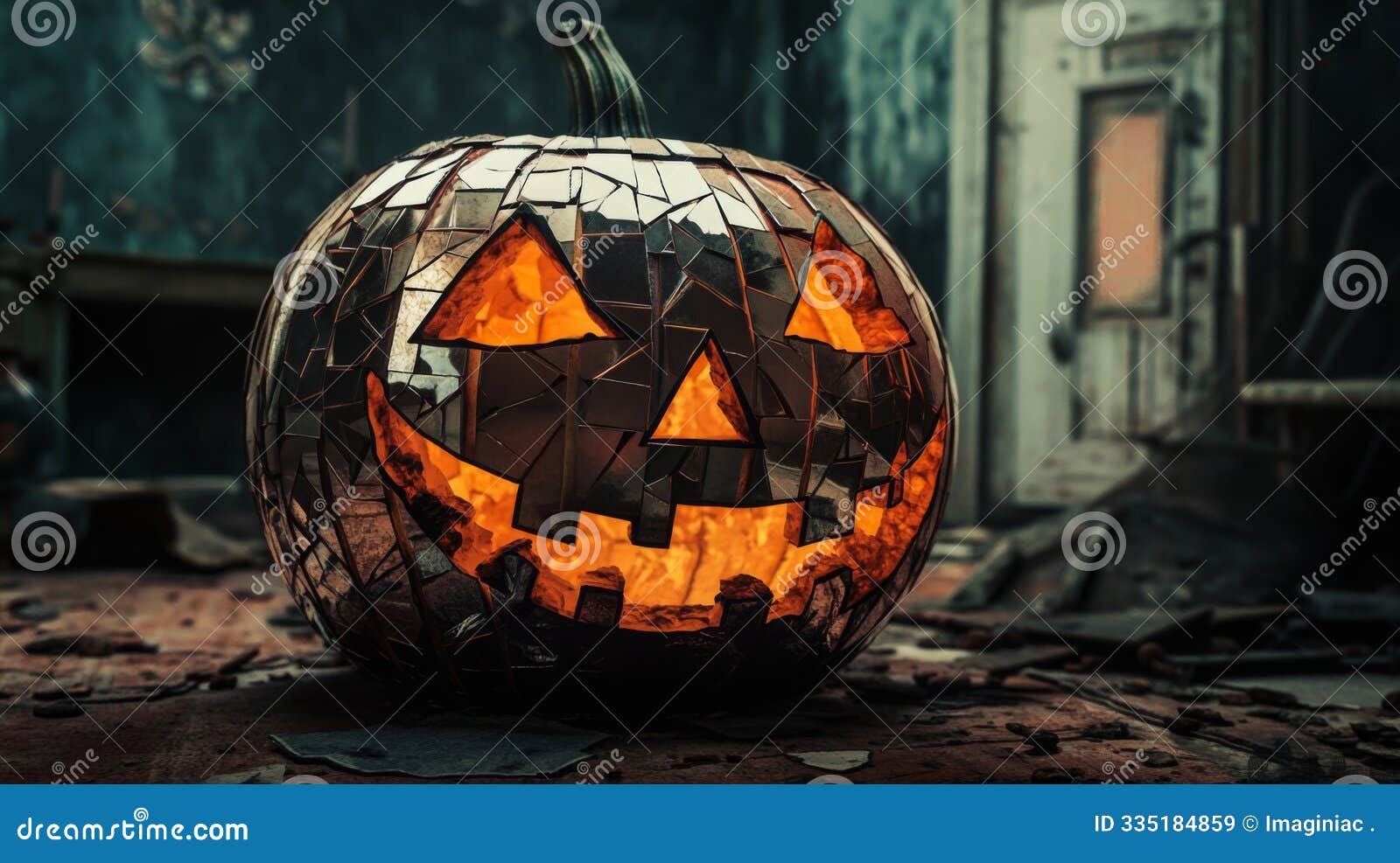 A Broken and Glowing Jack-O -Lantern in a Decaying Room Stock ...