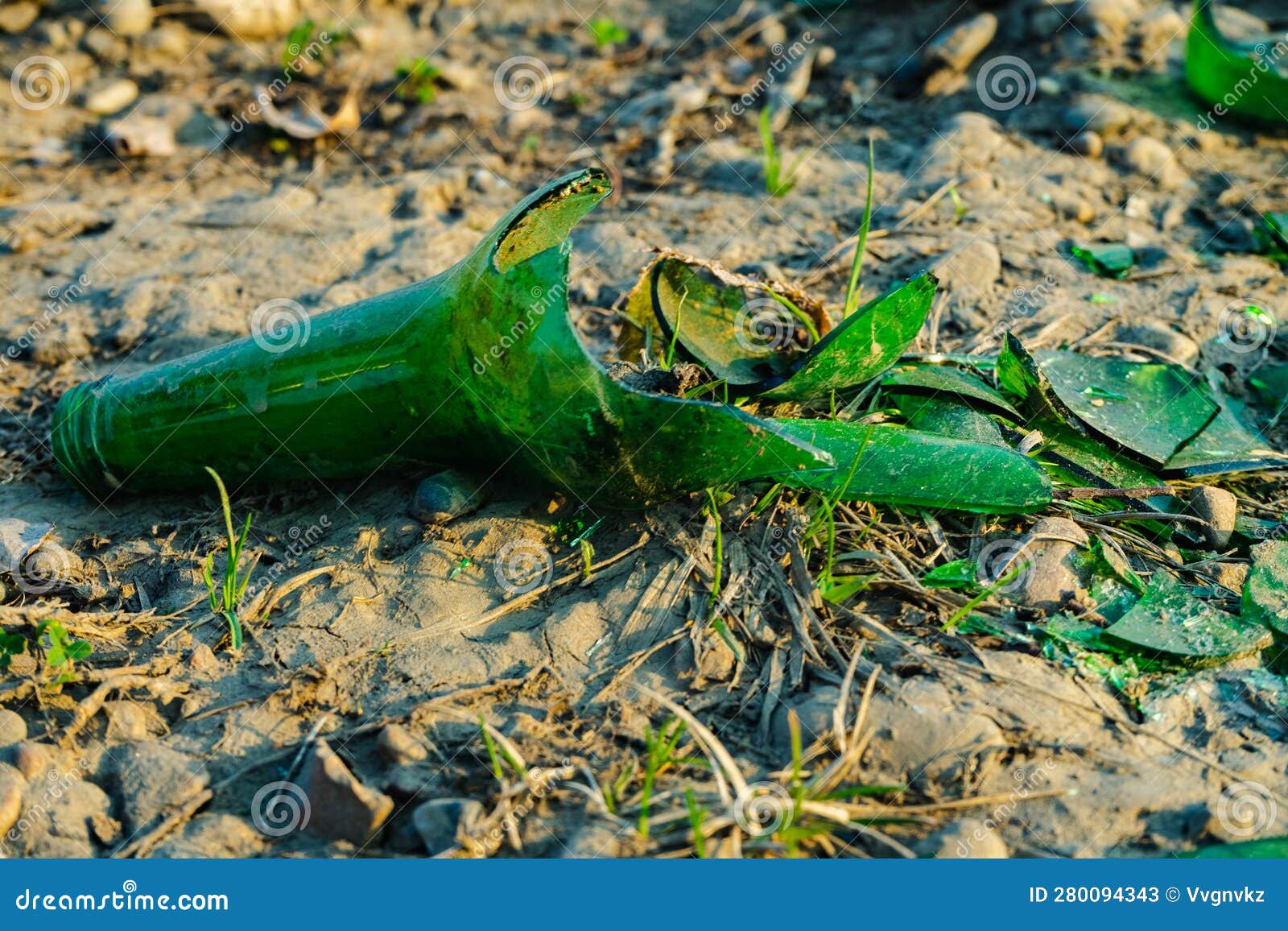 Broken Green Bottle Lying on the Ground. Environmental Pollution ...