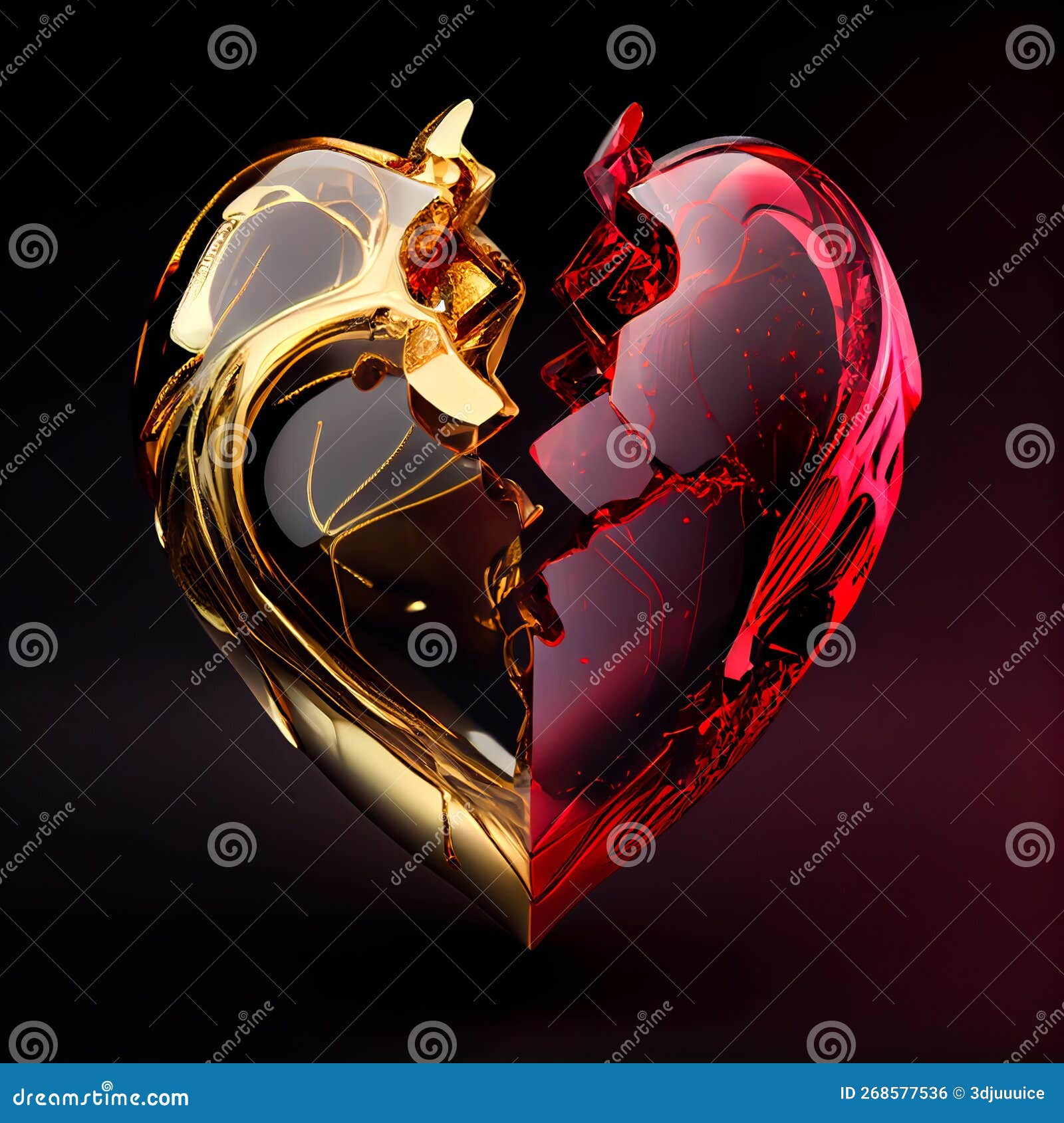 Broken Heart Made of Ruby and Gold Isolated on Black Background. Stock ...
