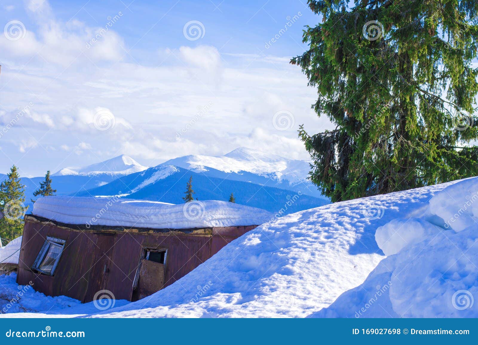 Broken Hut on a Winter Background the Mountains Stock Photo - Image of ...